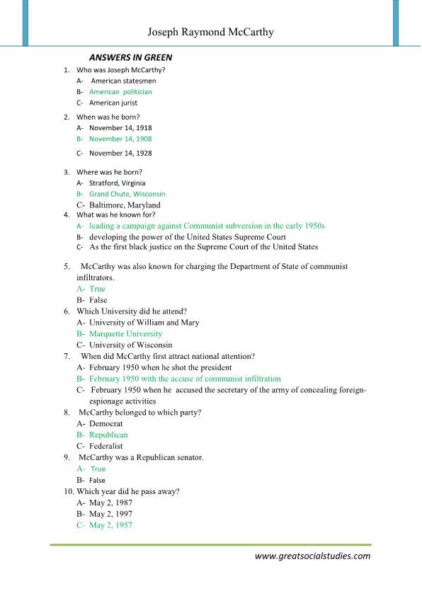 Joseph Raymond McCarthy, Joseph r McCarthy, student worksheets | GREAT SOCIAL STUDIES